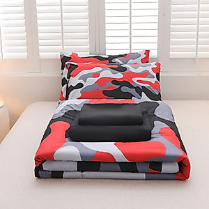 Meeting Story Camouflage Bedding Set, Colorful Pattern Style Comforter Set, 5 PCS One Comforter Two Pillowcases Two Sheets in One Bag, All Season Bedspread for Teens Adults (Red-Black, Full 5Pcs)