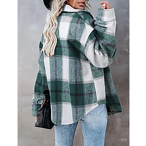 ZOLUCKY Womens Green Flannel Shirt Plaid Shacket Long Sleeve Button Down Shirts Casual Oversized Shackets, Green and White 3X-Large