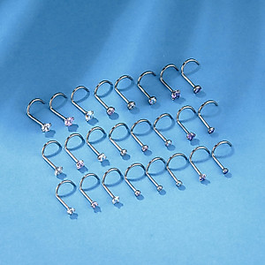 8PCS G23 Titanium Twist Screw Nose Studs 18G 20G Nose Rings 2mm 2.5mm 3mm Clear Pink Purple Aurora CZ Gold Nose Piercing Studs Nostril for Women Men(20g silver mix-color cz 2mm)