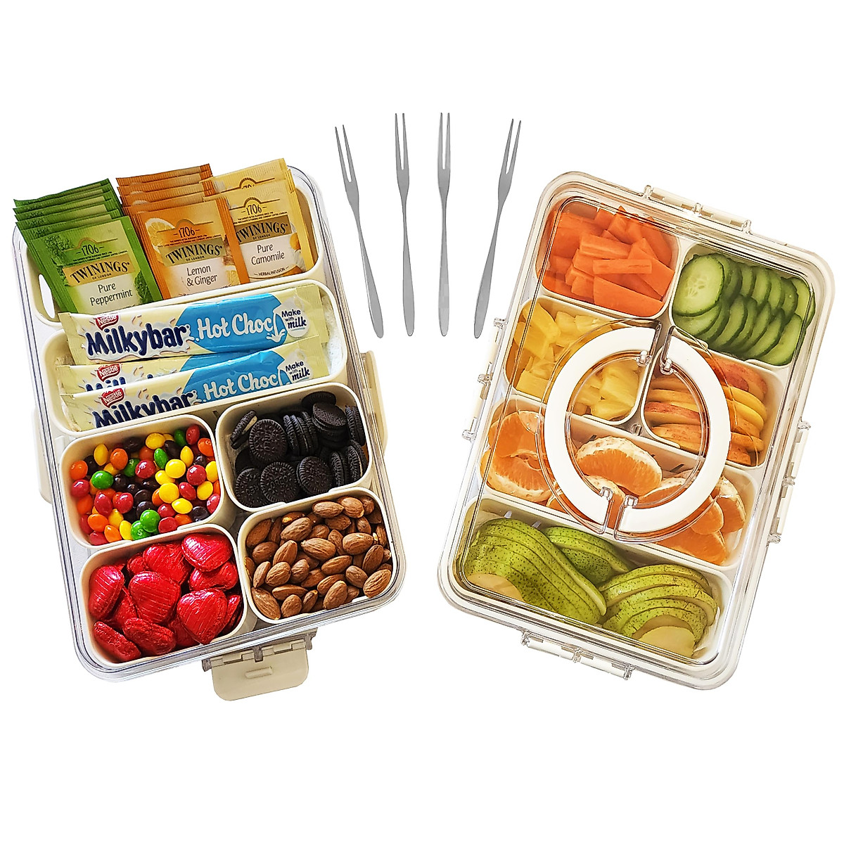 Kenswiss 2 Pack Divided Serving Tray with Lid and Handle | Portable Snackle Box for Adults, Kids | Charcuterie Container with 8 and 4 Compartments | Snack Organizer for Fruits and Travel