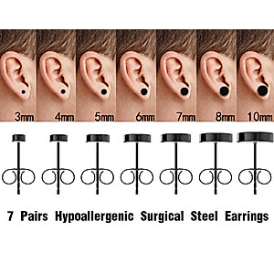7 Pairs Black Earrings Surgical Steel Studs Hypoallergenic 316L Stainless Steel Stud for Men Women Contain 3,4,5,6,7,8,10 mm