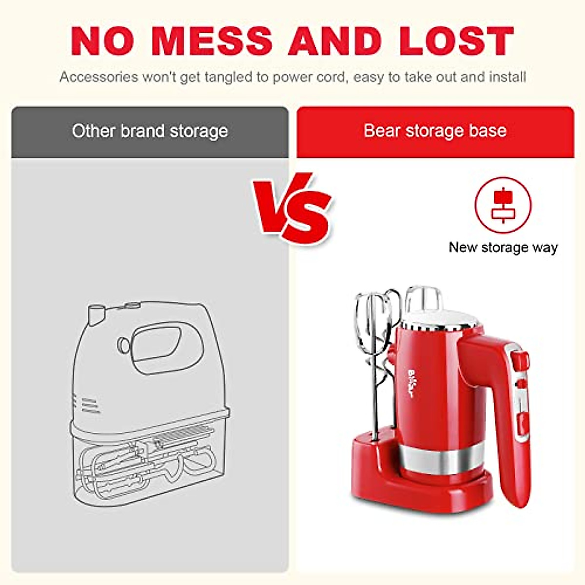 Bear Hand Mixer Electric, 5 Speed with Turbo Powerful Electric Hand Mixer with Storage Base, 4 Stainless Steel Accessories, Easy Eject, Red Mixer Electric Handheld for Whipping Dough Brownies Cream Cake & Cookies