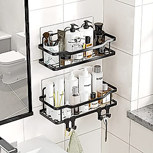 OMAIRA 2-Pack Adhesive Shower Caddy, Shower Shelf, No Drilling Rustproof Stainless Steel Shower Organizer for Inside Shower & Kitchen Storage (Matte Black)