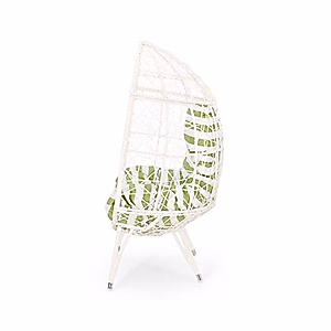 Valerie Outdoor Wicker Teardrop Chair with Cushion, White and Green