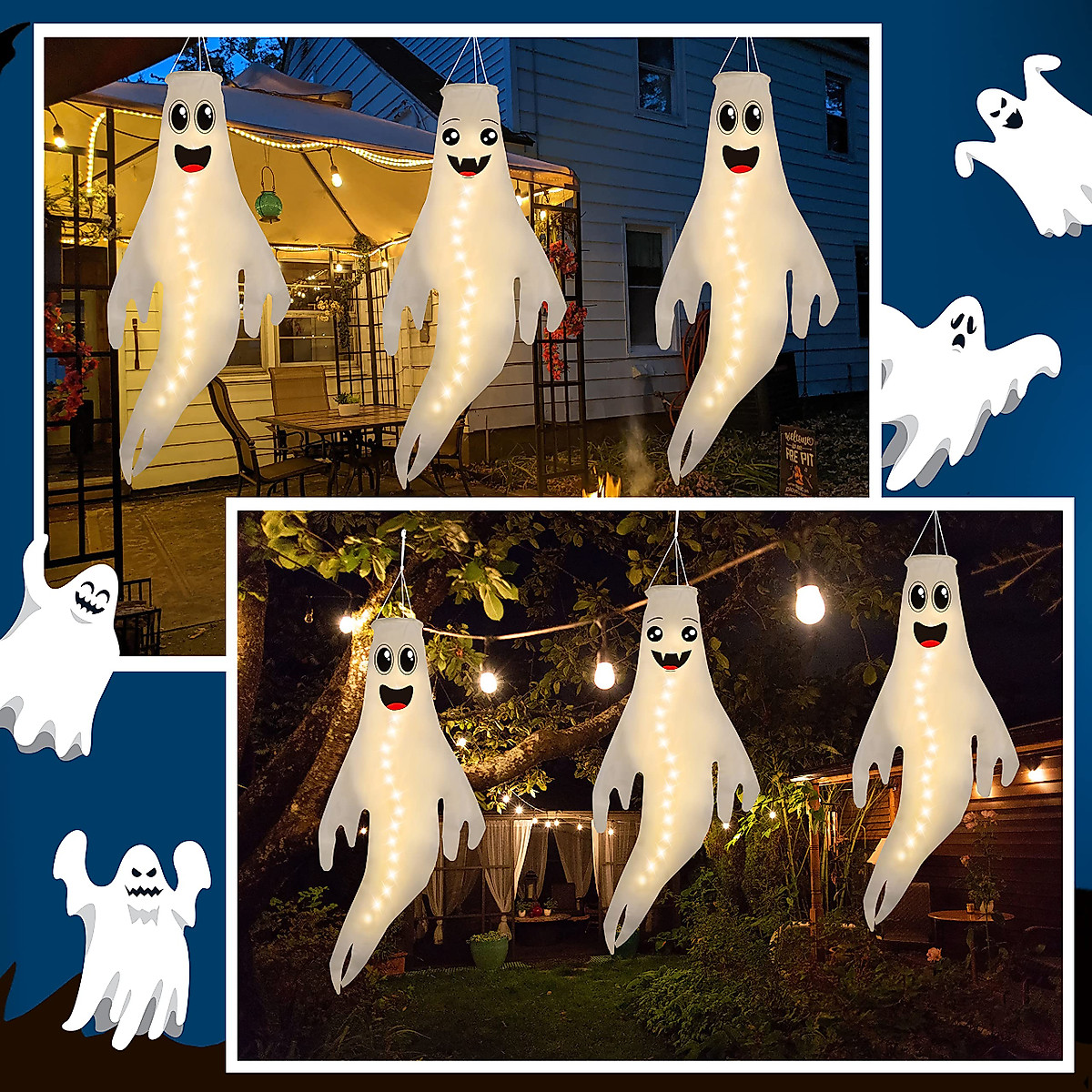 43 Inch Halloween Ghost Windsocks Hanging Decorations - Flag Wind Socks for Home Yard Outdoor Decor Party Supplies (3 Pieces,Batteries Not Included,No Timer)
