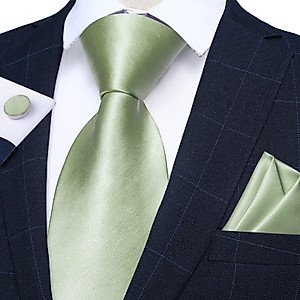 DiBanGu Sage Green Tie and Pocket Square Cufflinks Sets Slik Light Green Tie Wedding Holiday