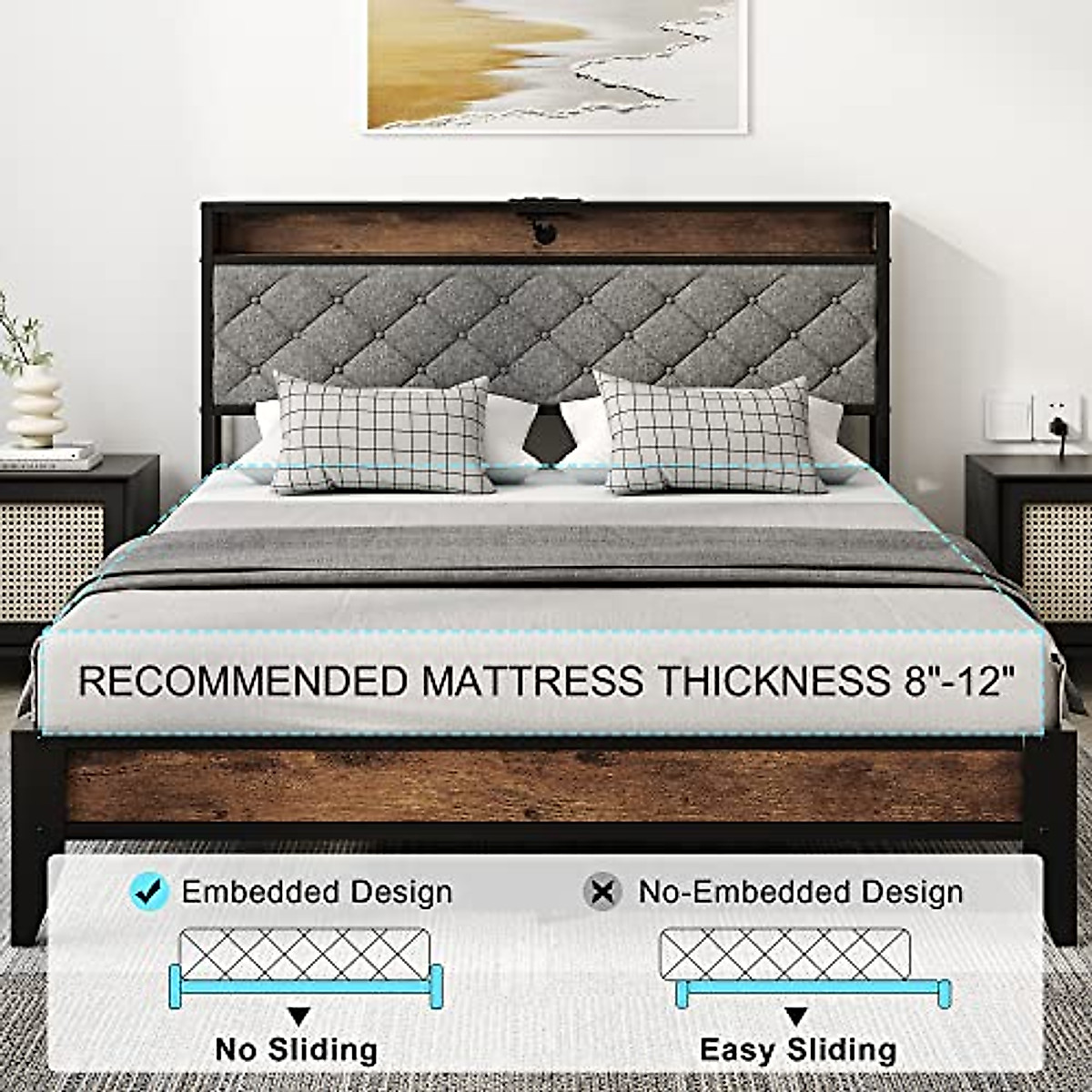 Osfvolr Queen Bed Frame with Charging Station and LED Light, Platform Bed Frame with 2 Tier Storage Upholstered Linen Headboard, Heavy Duty Metal Structure, 12 inch Under Bed Storage, Noise Free