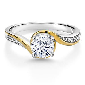 Gem Stone King 925 Sterling Silver and 10K Yellow Gold White Moissanite Engagement Ring For Women (0.85 Cttw, Available In Size 5, 6, 7, 8, 9)