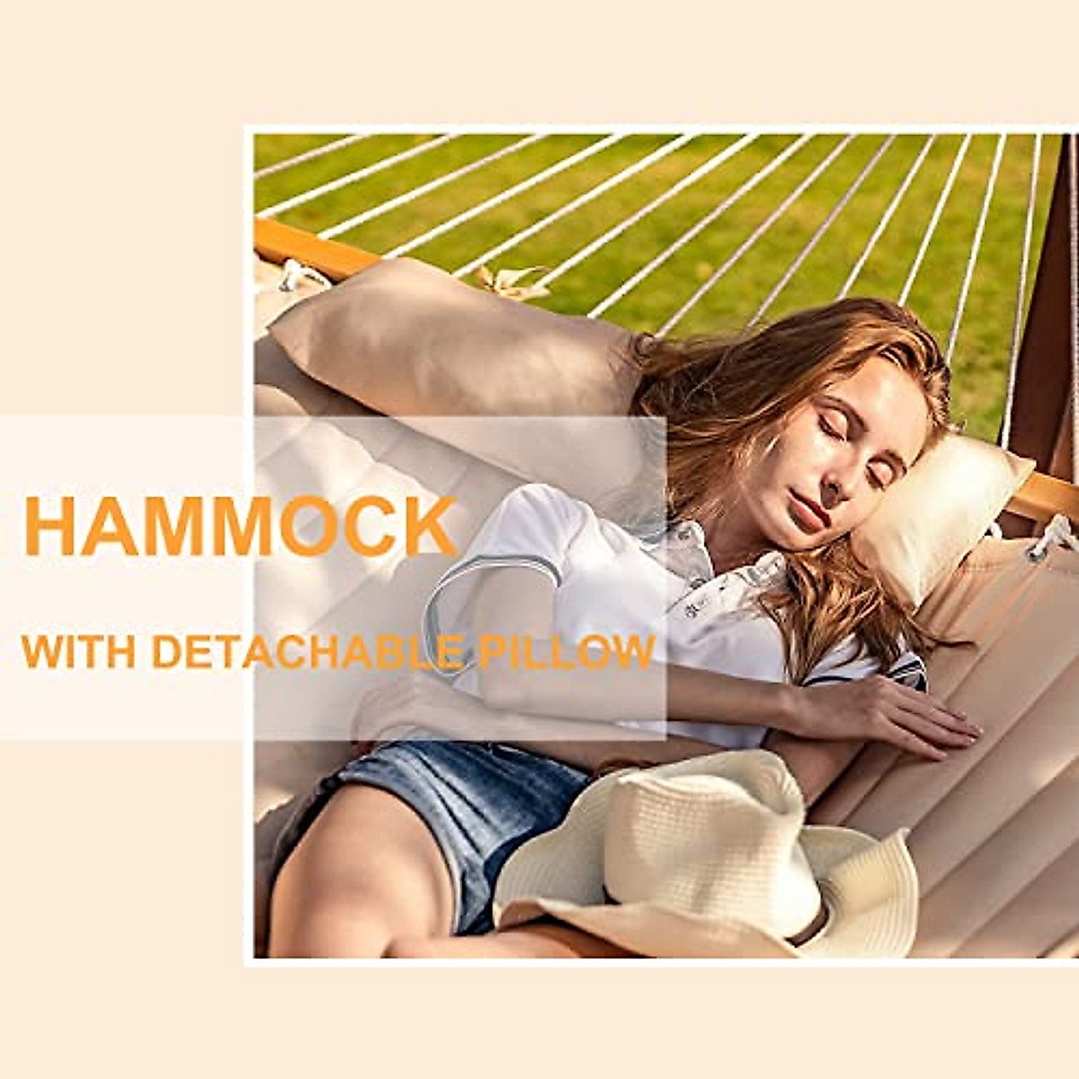 Lazy Daze Hammocks 12FT Quilted Fabric Double Hammock with Pillow, 2 Person Hammock with Spreader Bar for Outdoor Outside Patio Garden Yard Pool Beach (Linen)