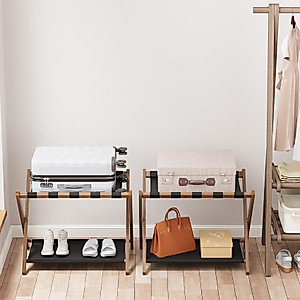 Smuxee Walnut Bamboo Luggage Rack Pack of 2, Foldable Suitcase Stand with Storage Shelf, Easily Assembled Luggage Stand with 5 Nylon-Straps for Guest Room Hotel Bedroom