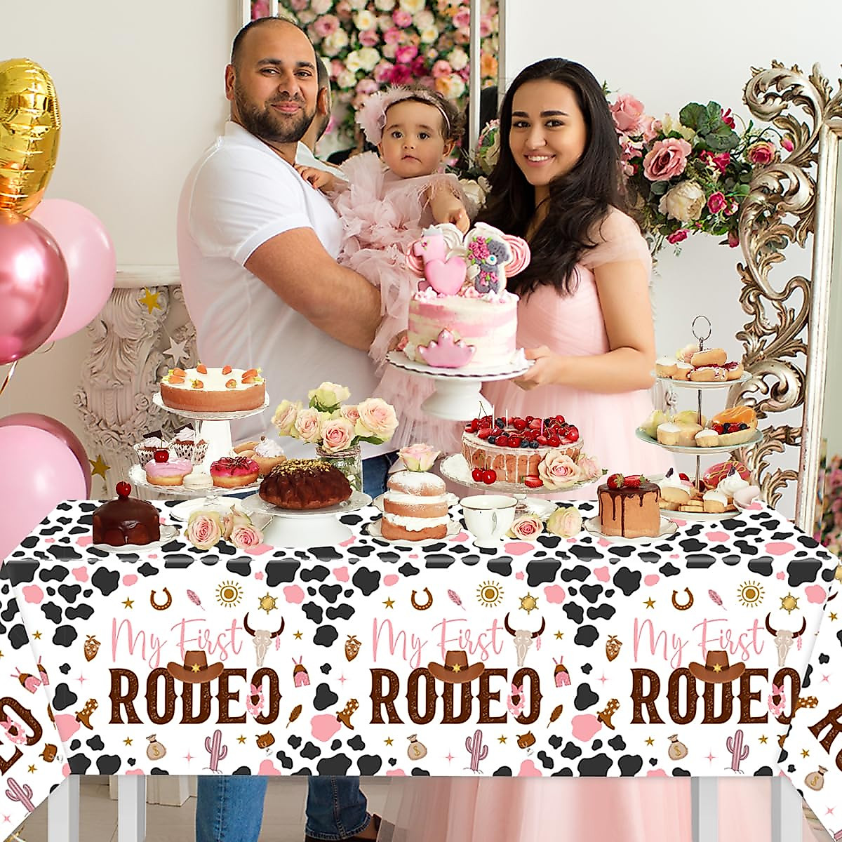 3Pcs My First Rodeo Tablecloths-Cowgirl Baby Shower Decorations Pink Cow Print Western Disposable Rectangular Plastic Table Covers First Rodeo Birthday Party Supplies Girl