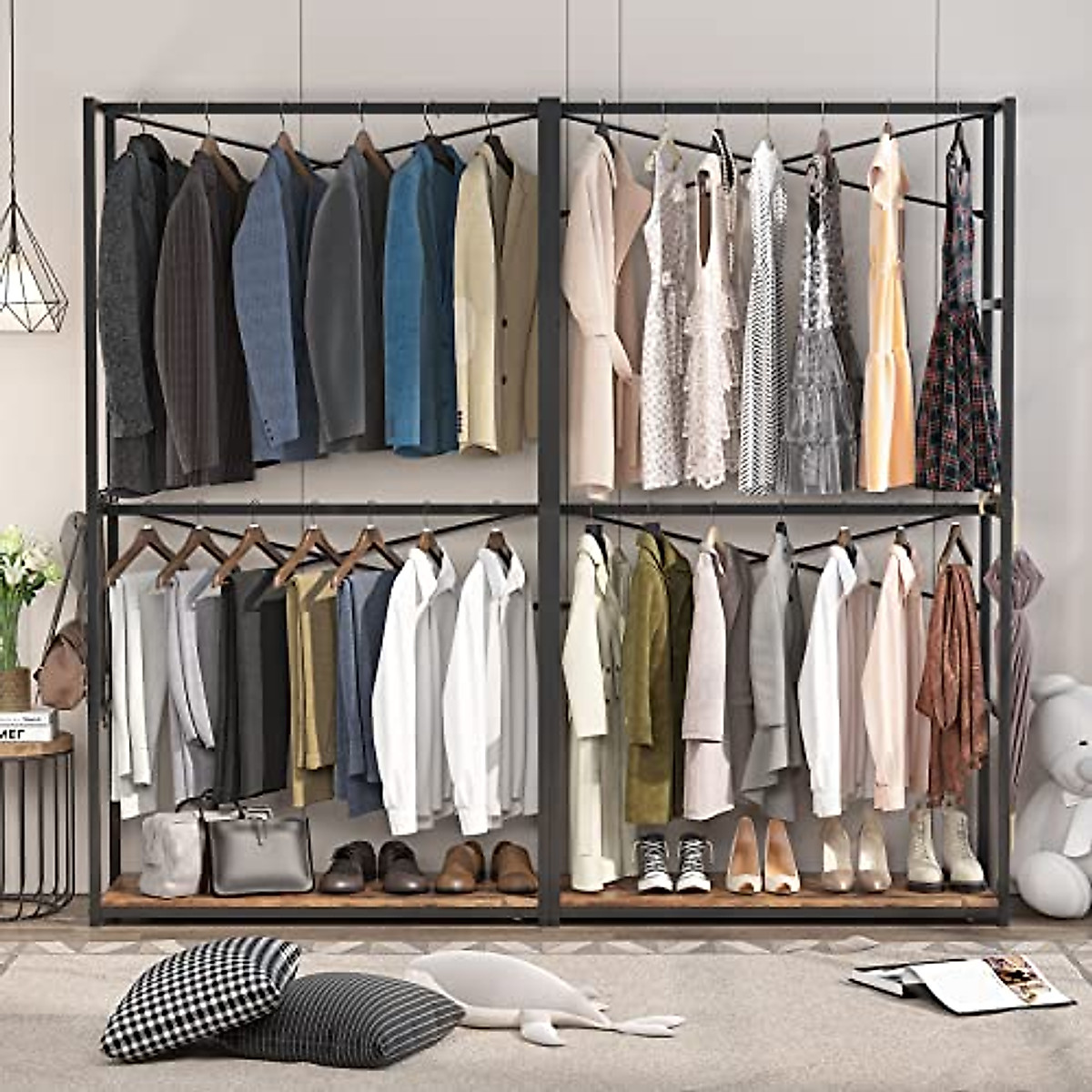 Tribesigns Free Standing Closet Organizer, Garment Clothes Racks with Storage Shelf and Double Hanging Rod, Metal Heavy Duty Wardrobe Closet Storage Clothing Shelving for Hanging Clothes