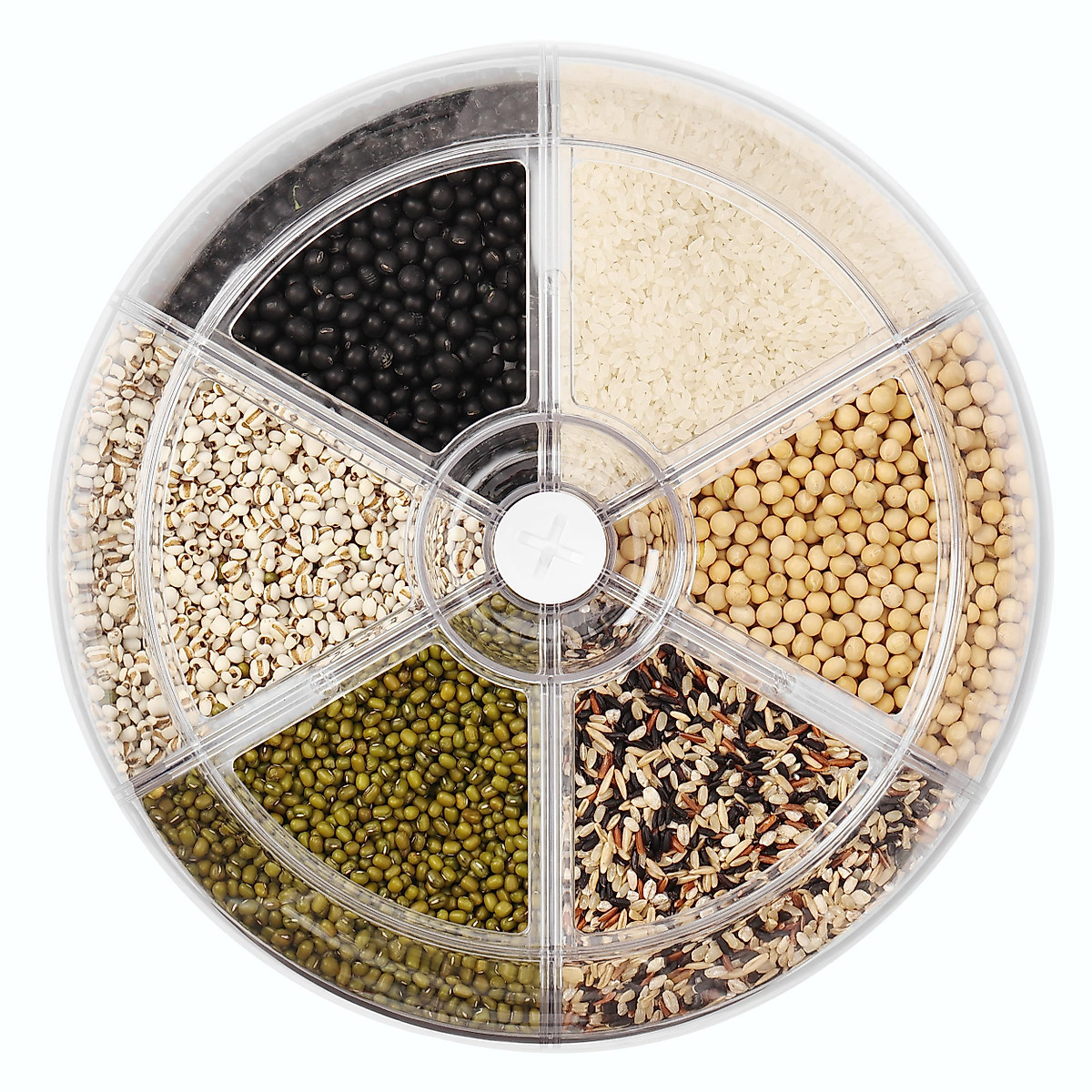 ZEEMBU Grain and Rice Dispenser, 8 Quarts Rotating 360° Kitchen Dry Food Storage Container with 6 Compartments, Easy Disassembly for Cleaning, Compact Design