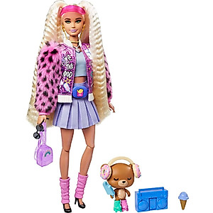 Barbie Extra Doll & Accessories with Extra-Long Crimped Pigtails in Pink Sparkly Varsity Jacket with Pet Teddy Bear