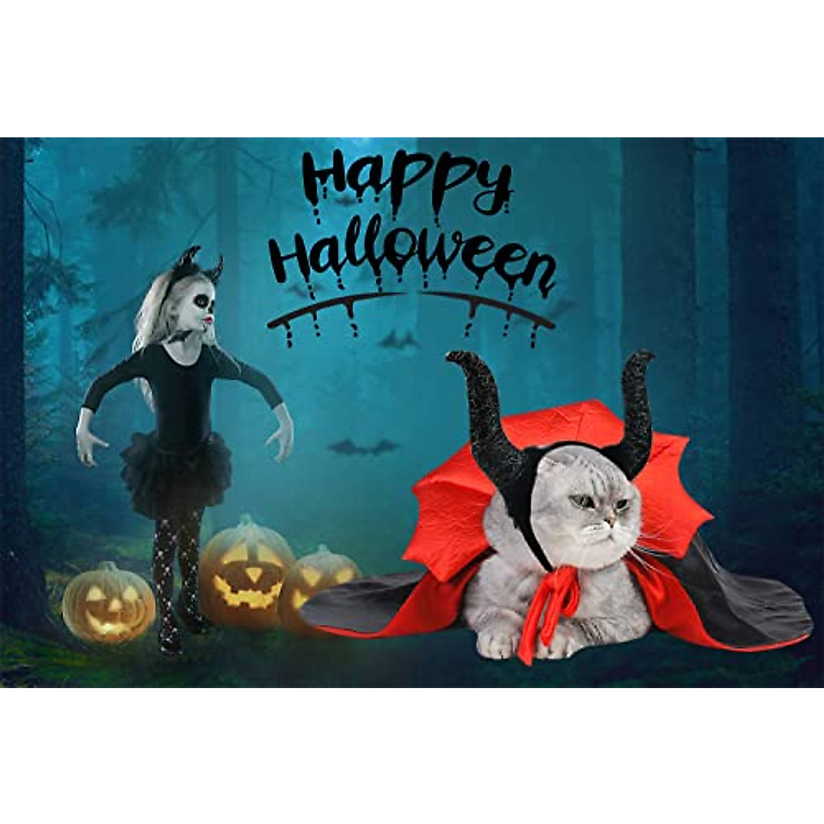 2 Pcs Pet Halloween Costume Cat Dog Cosplay Vampire Cape Devil Horns Hat Holiday Clothes for Cat Puppy Dog Halloween Party Pet Cosplay