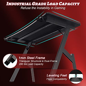 HLDIRECT 47 Inch Gaming Desk with Carbon Fibre Surface Large Computer Desk Gaming Table Ergonomic Pc Gaming Workstation Home Office Desks with Cup Holder & Headphone Hook