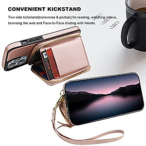 Bocasal RFID Blocking Wallet Case for iPhone 14 Pro Max, Adjustable Crossbody Zipper Purse Case Card Holder with Kickstand Detachable Wrist Strap, PU Leather Flip Folio Case 6.7 Inch 5G (Rose Gold)