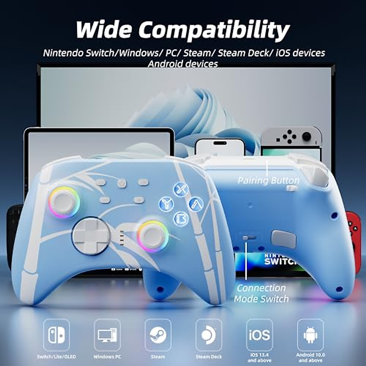 Mytrix Wireless Pro Controller, Hall Effect Bluetooth Controllers for Nintendo Switch, PC, Steam, iPad, Mac, Tablet, Laptop, with RGB Light/Macro Keys/Turbo Button, Bamboo Blue