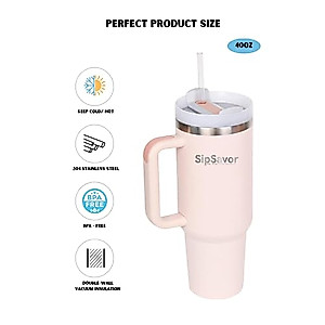 SipSavor 40 OZ Quencher H2.0 Stainless Steel Leakproof Vacuum Insulated | Tumbler with Lid and Straw | Thermos Mugs | Travel Cup for Hot and Cold Drinks (Rose Quartz)