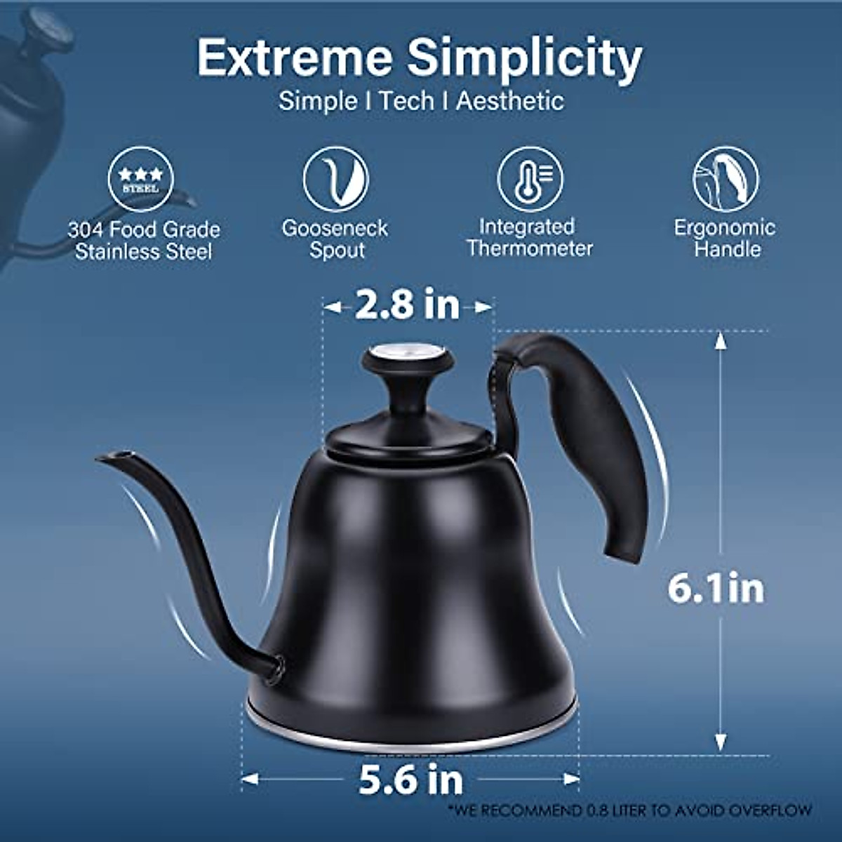 Chefbar Tea Kettle with Thermometer for Stove Top Gooseneck Kettle, Pour Over Coffee Kettle, Tea Pot Stovetop Teapot, Hot Water Heater Boiler for Camping, Home & Kitchen, Matte Black - 28oz