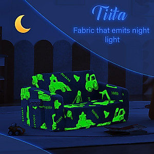 Tiita Kids Sofa Chair, 2 in 1 Toddler Fold Out Couch, Comfy Kids Sofa for Playroom-Extra Soft 2 Seats, Glow in The Dark Children Couch to Lounger for Girls Boys, Vehicles
