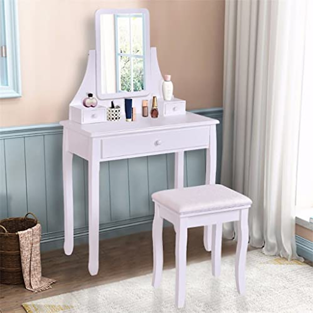 SDGH White Makeup Dresser Dresser Desk Chair Set with Square and 3 Drawer Dresser Dresser