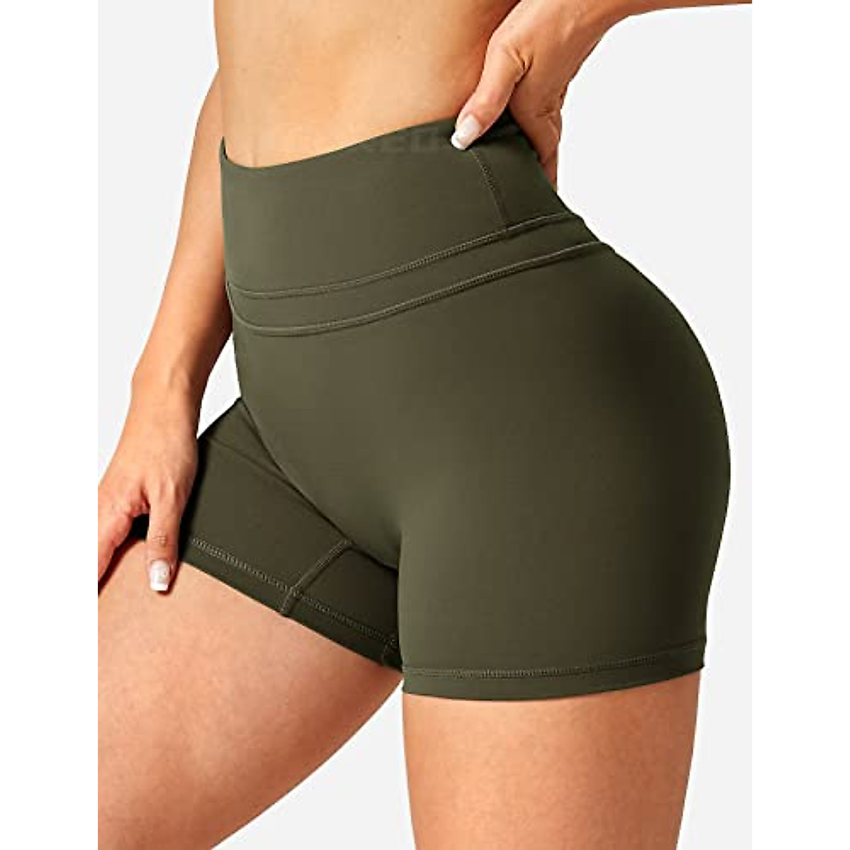 YEOREO Workout Biker Shorts for Women Athletic Scrunch Butt High Waisted Running Gym Shorts Yoga Tummy Control Spandex Military Olive L