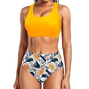 Holipick Women High Waisted Two Piece Bikini Sports Crop Top Swimsuit Scoop Neck Bathing Suit for Teen Girls with Bottom Yellow Floral