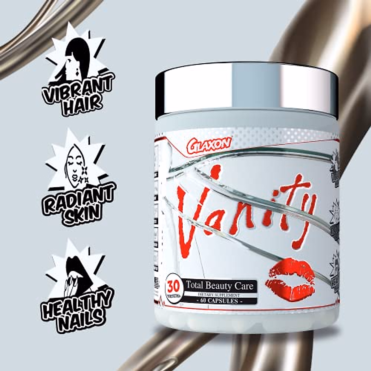 Glaxon Vanity Total Beauty Care, 60 Capsules, Hair Skin, and Nails Vitamins for Women and Men with Biotin 5000mcg, Hyaluronic Acid, Vitamin E, and Red Orange Complex