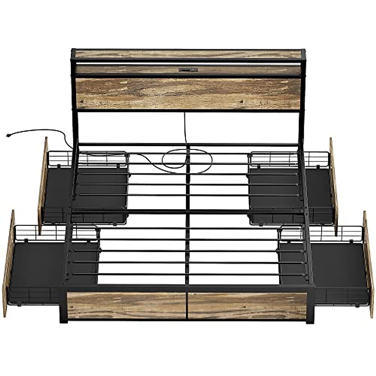 LIKIMIO Queen Bed Frame with Storage Drawer, 2-Tier Storage Headboard with Charging Station, No Box Spring Needed, Easy Assembly, Rustic Brown