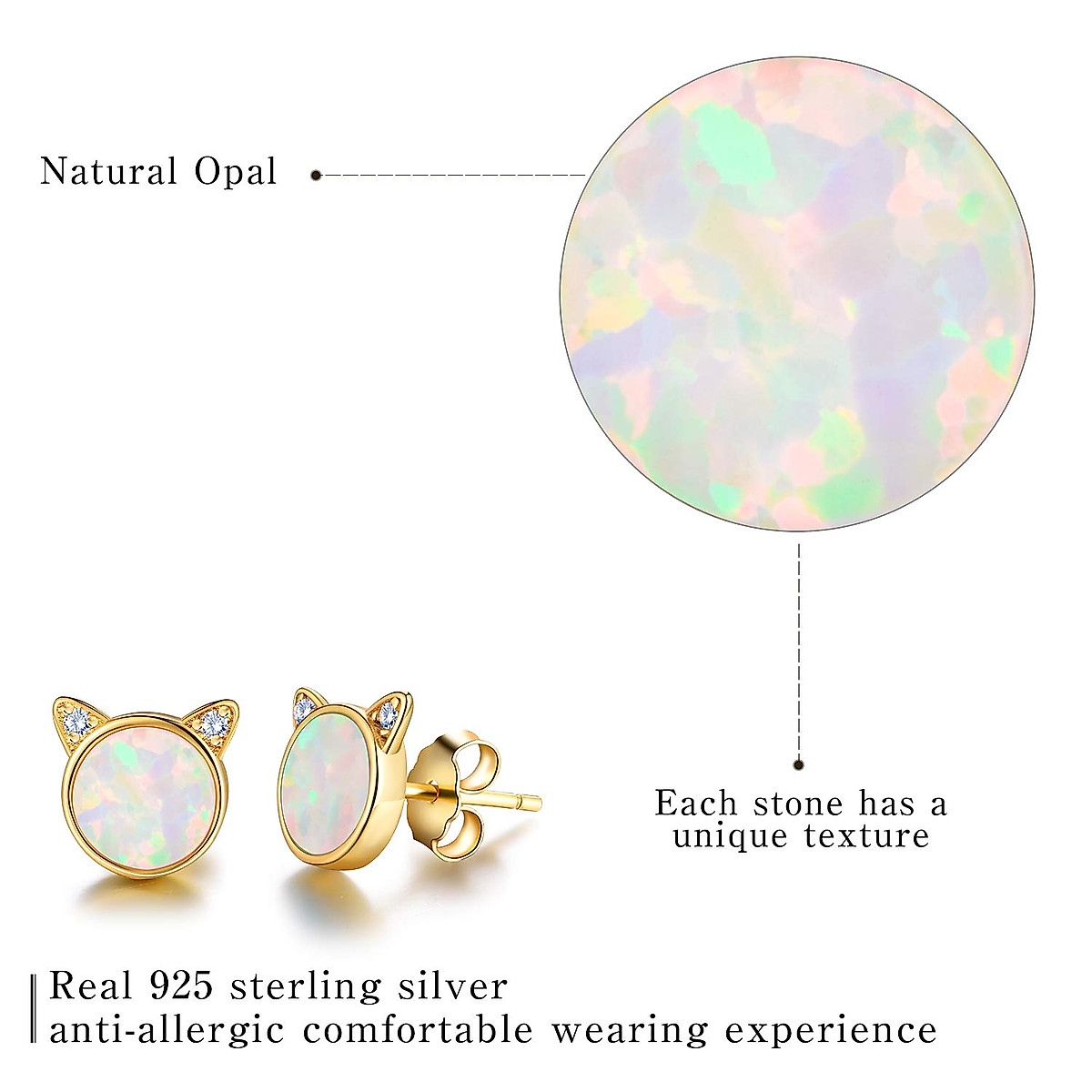 ✦Earrings for Women✦ Esberry 14k Gold Earrings Sterling Silver Opal Cat Stud Earrings Cat with Natural Stone Gifts for Women.(Yellow Gold-White Opal)