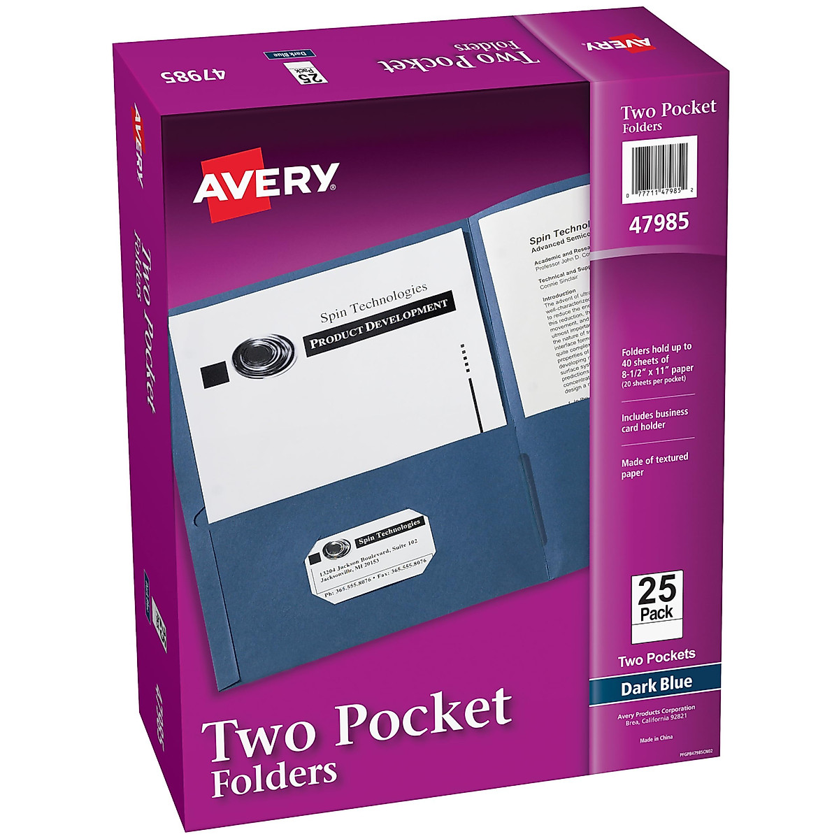 Avery Two Pocket Folders, Holds up to 40 Sheets, Business Card Slot, Ideal for Portfolio Folders, Presentation Folders, and School Folders, Case Pack of 125 Dark Blue Folders (47985)