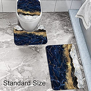 Lavsils 4 Pcs Navy Blue Marble Bathroom Set, Shower Curtain Set with Rugs and Accessories,Gold 72x72 Inch Fabric,Shower Curtain for Modern Bathroom Décor