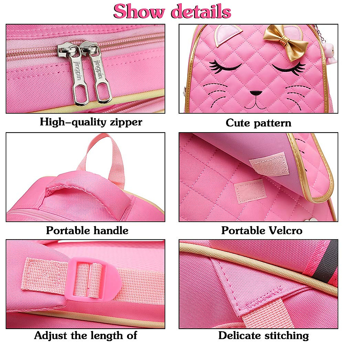 Chamqueen Cute Cat Face Bowknot School Backpack Kids School Bookbag Princess Backpack for Girls Students Pink