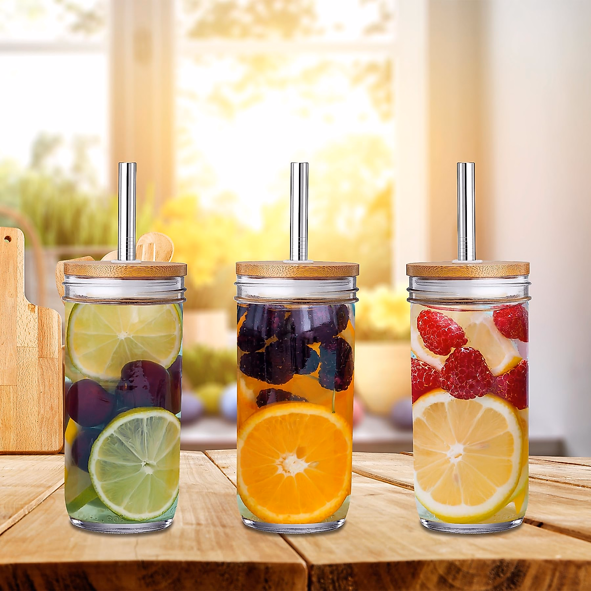 BamLue 2 Pack 24OZ Glass Cups with Lids and Metal Straws Iced Coffee Cups with Bamboo Lids, Cute Boba Cup with Non-slip Sleeve, Clear Drinking Glasses for Bubble Tea, Smoothies, Juices, Sauces