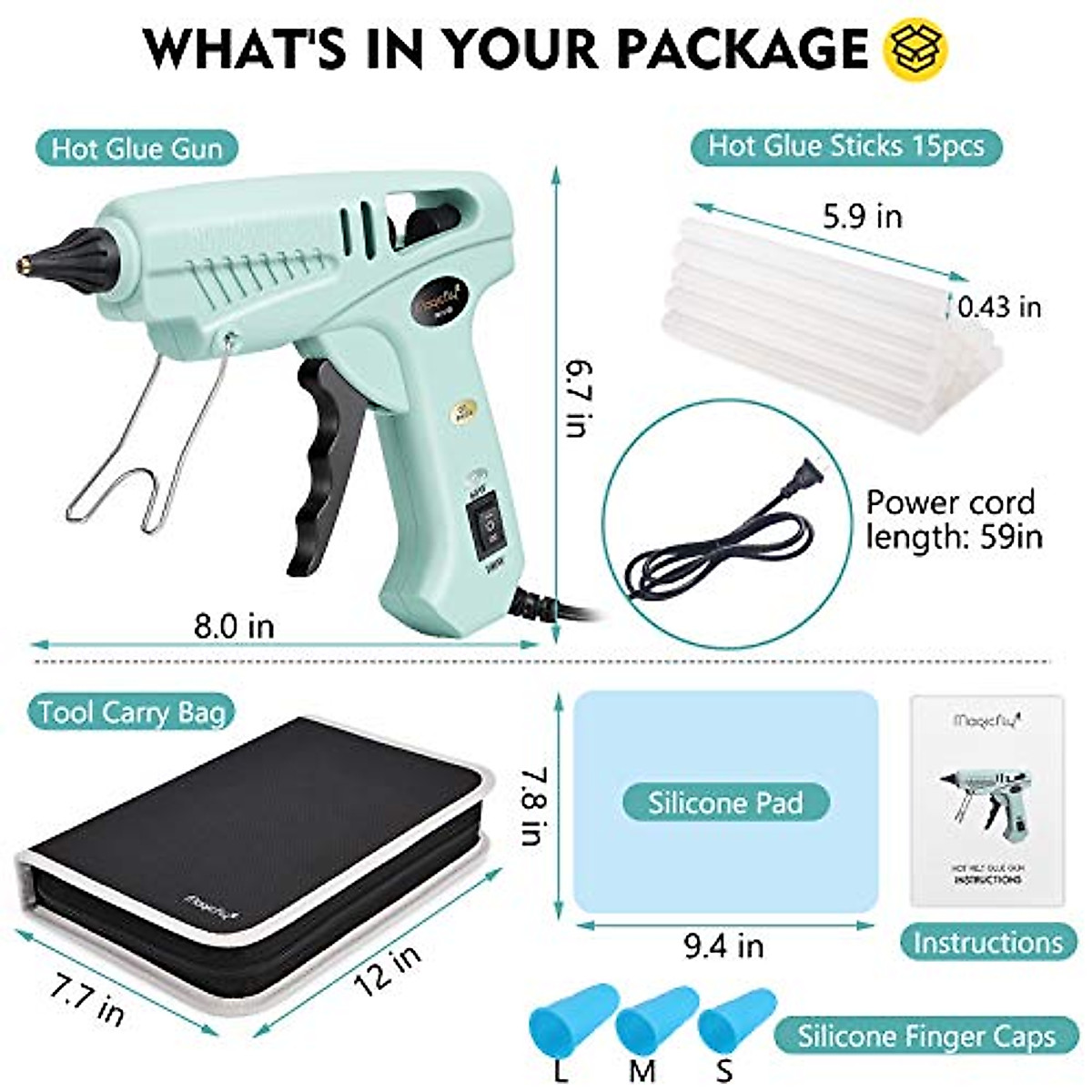 Magicfly 60/100W Hot Glue Gun Full Size with 15 Pcs Hot Glue Sticks (0.43 X 5.9 inch) and Carry Case, Dual Power High Temp Melt Glue Gun Kit with Finger Caps, Mat for Arts Craft, Household, Green