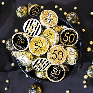 Black and Gold 50th Birthday Party Favor Chocolate Kisses Candy Stickers - 180 Labels