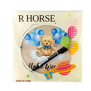 R HORSE Wooden Baby Birth Announcement Sign with Marker Pen Blue Bear Pattern Newborn Announcement Card Personalized Wooden Baby Birth Sign for Baby Shower Birthday Gift Keepsakes