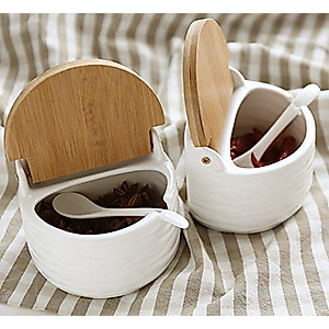 Lawei 3 pack Ceramic Sugar Bowls Set - 9 oz Porcelain Condiment Jar Spice Container with Spoons and Lids for Home and Kitchen