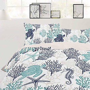 Lsrtoss Teal Blue Coastal Queen Duvet Cover Set for All Season, Sea Turtle Nautical Coral Summer Beach Microfiber 3 Piece Bedding Set with 2 Pillowcases & 1 Quilt Cover, 90" W x 92" L, Queen Size