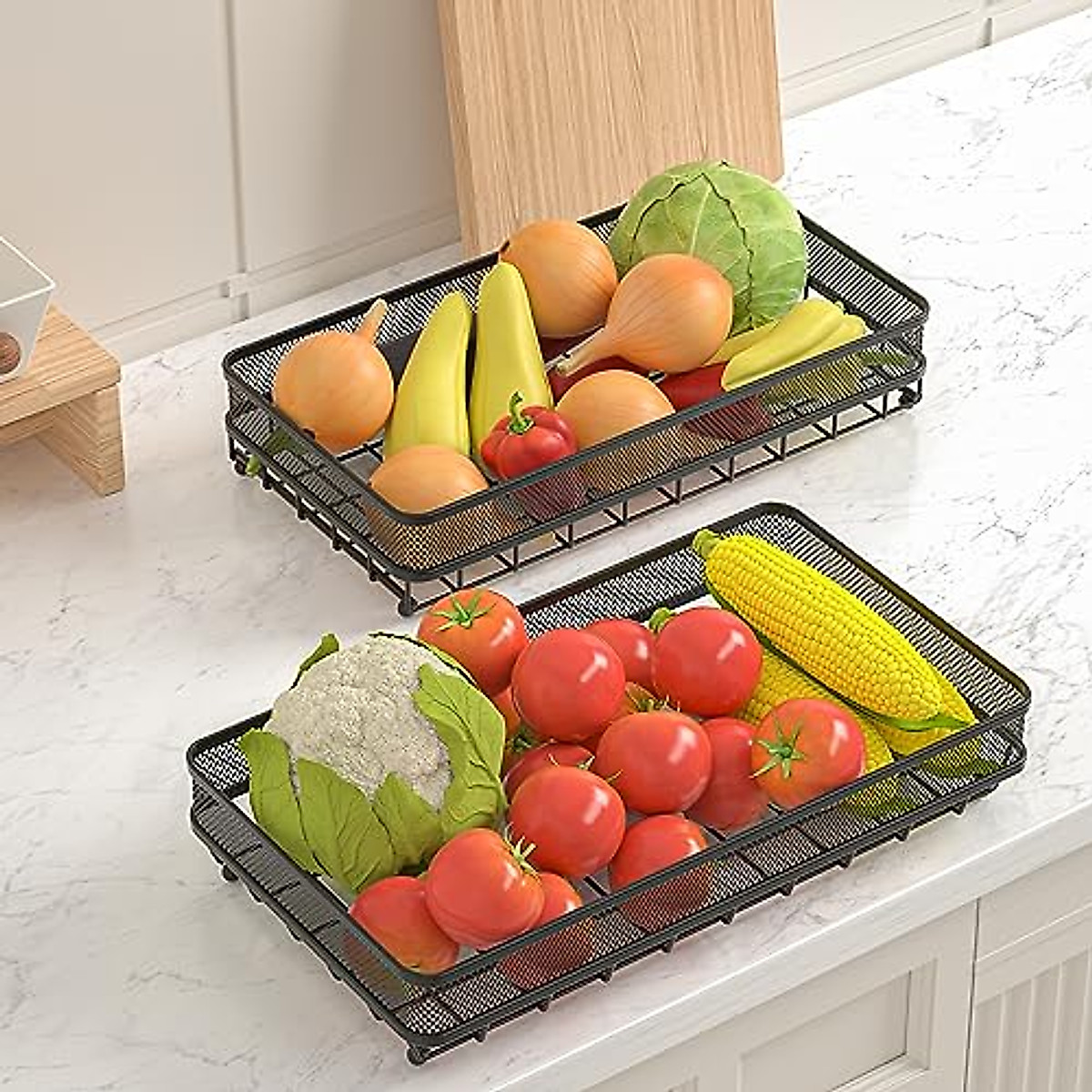 iNUREYE 2 Tier Fruit Basket for Counter, Metal Fruit Basket Stand Detachable Fruit Holder Bread Vegetable Storage Basket Square Fruit Bowl for Kitchen Counter Dining Table