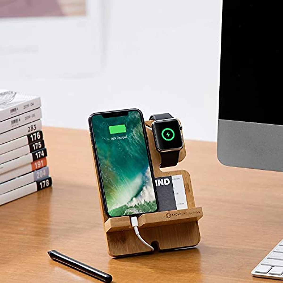 JACKCUBE Design Bamboo Charger Dock Stand Multi Device Charging Station Organizer Holder for Smartphone Cellphone Mobile Phone – :MK243A