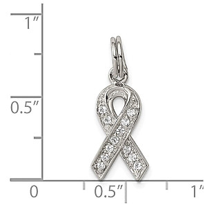 Solid 925 Sterling Silver CZ Cubic Zirconia Awareness Ribbon Pendant (9mm x 15mm)
