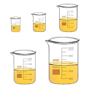 XCD Borosilicate Glass Beaker Set, Combo Pack Graduated Low Form Griffin Beakers in 5 Sizes (50ml, 100ml, 250ml, 500ml, 1000ml)