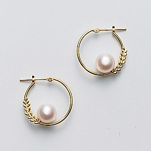 Japanese 7.0mm Akoya Cultured Pearl Hoop Earrings for Women with 18K Yellow Gold | Elegant Design Excellent Gift | Pearl Earrings hoops