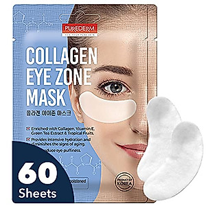 Purederm Collagen Under Eye Mask (60 Sheets) - Under Eye Patches Dark Circles and Puffiness - Rich Collagen Eye Zone Gel Mask Reduce Under eye Bags, Creases, Fine Lines - Eye Zone Patches for Moisturizing, Hydrating, Uplifting, Illuminating