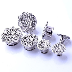 Mesnt 2PCS Plugs and Tunnels for Ears 12mm Ear Plugs Flesh Tunnels 1/2 inch Hollow Flower Shape Piercing Tunnels Expander Stretcher Piercing Jewelry, Silver