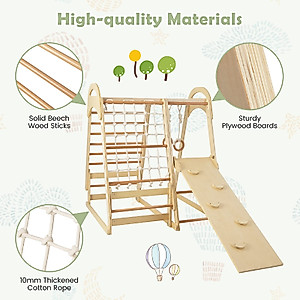 Costzon Indoor Jungle Gym, 7-in-1 Montessori Climbing Toys for Toddlers with Slide, Climbing Net, Gymnastic Rings, Indoor Wooden Playground Climber Playset for Kids 3+ Years Birthday