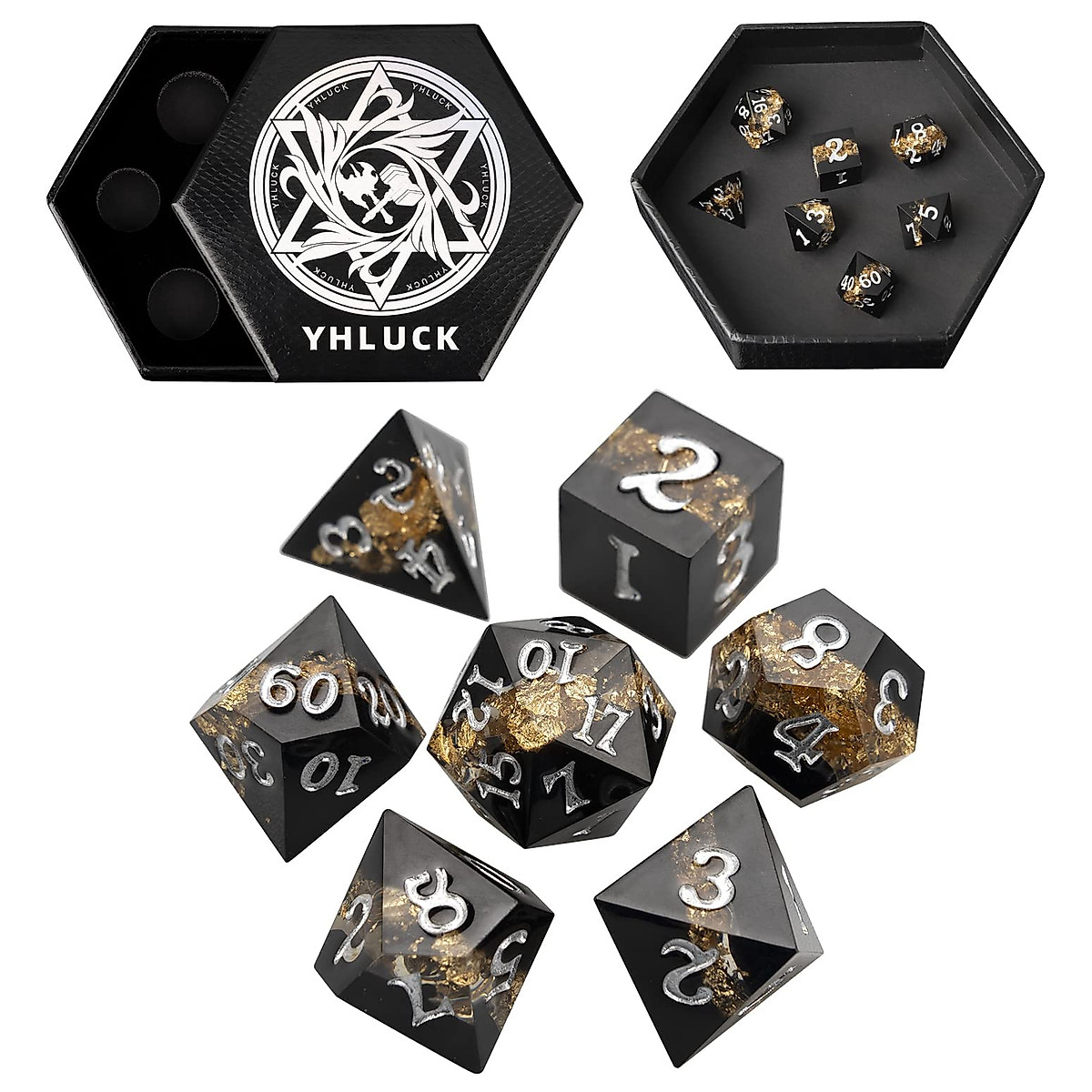 DND Dice Set Sharp Edge Galaxy Dice Handmade Resin Polyhedral Dice for Dungeon and Dragons RPG D20 Tabletop Roleplaying Party Games (Black & Green)