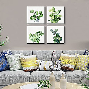 kk·color Botanical Prints Wall Art for Living Room,Canvas,riginal Designed Green plant watercolor painting,Green leaves,Wall art for Office Bedroom BathRoom 4 Piece 12" X 12"